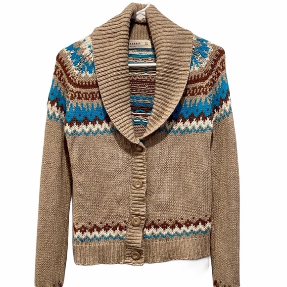 Zara | Sweaters | Zara Knit Fair Isle Button Front Cardigan Tan Blue ...